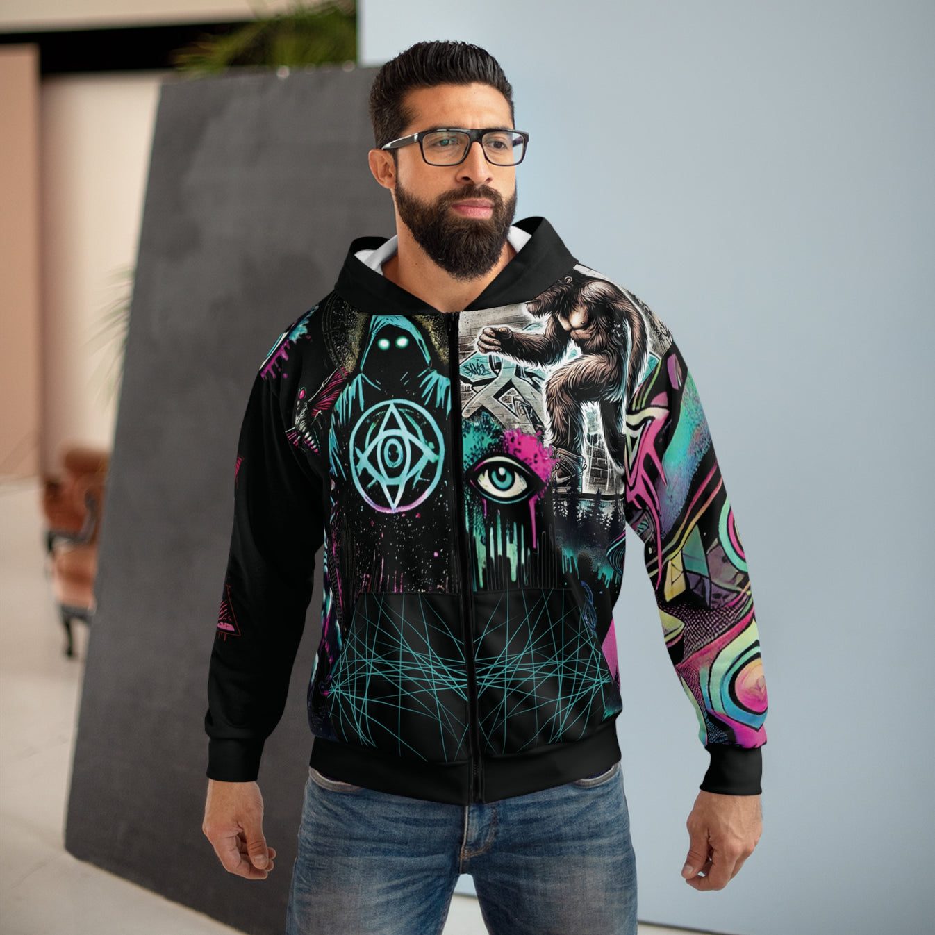 Cryptid Conspiracy Graffiti Art - Premium Unisex Zip Up All Over Print ...